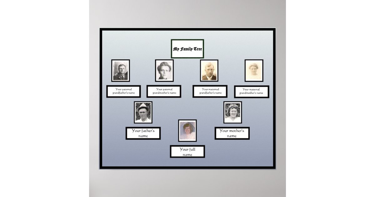 Photo Family Tree Black Border on Blue Gradient Poster | Zazzle