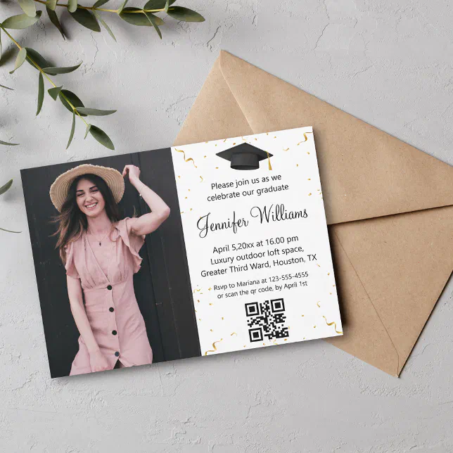 photo graduation party qr code rsvp confetti invitation | Zazzle