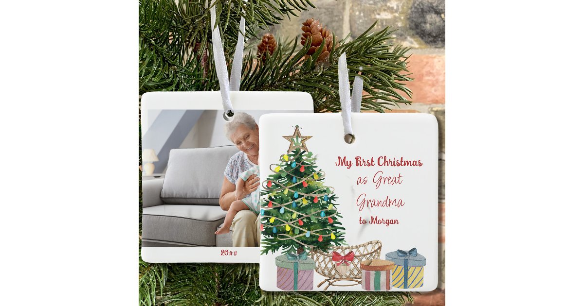 Photo Great Grandma First Christmas Tree and Crib Ceramic Ornament | Zazzle
