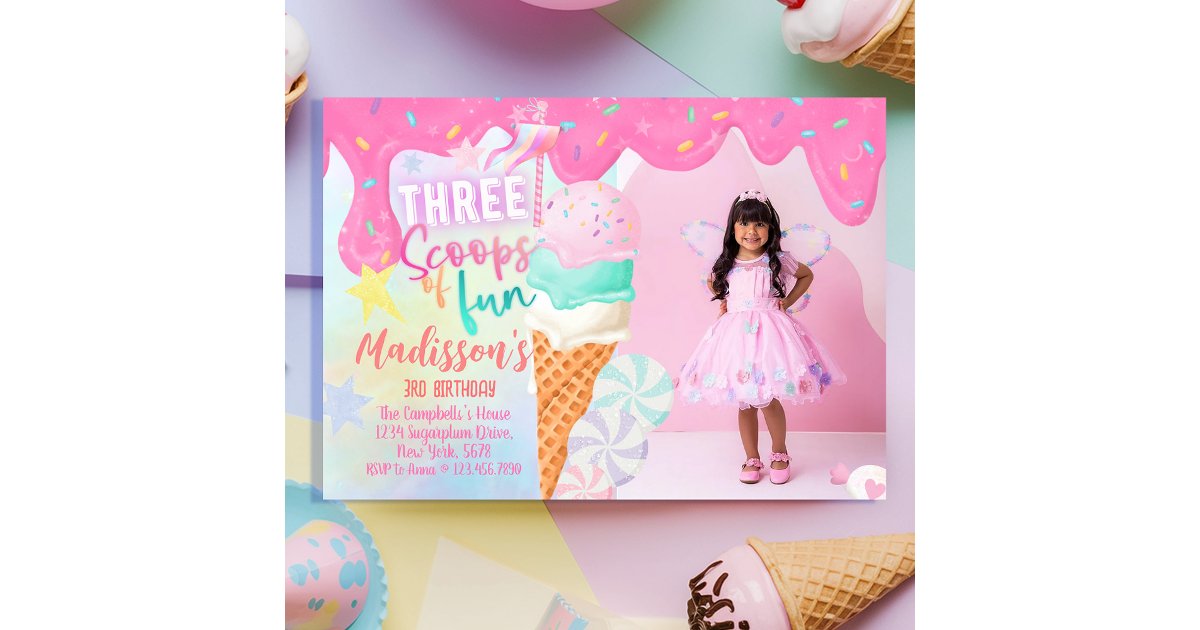 photo Three Scoops of Fun Invitation | Zazzle