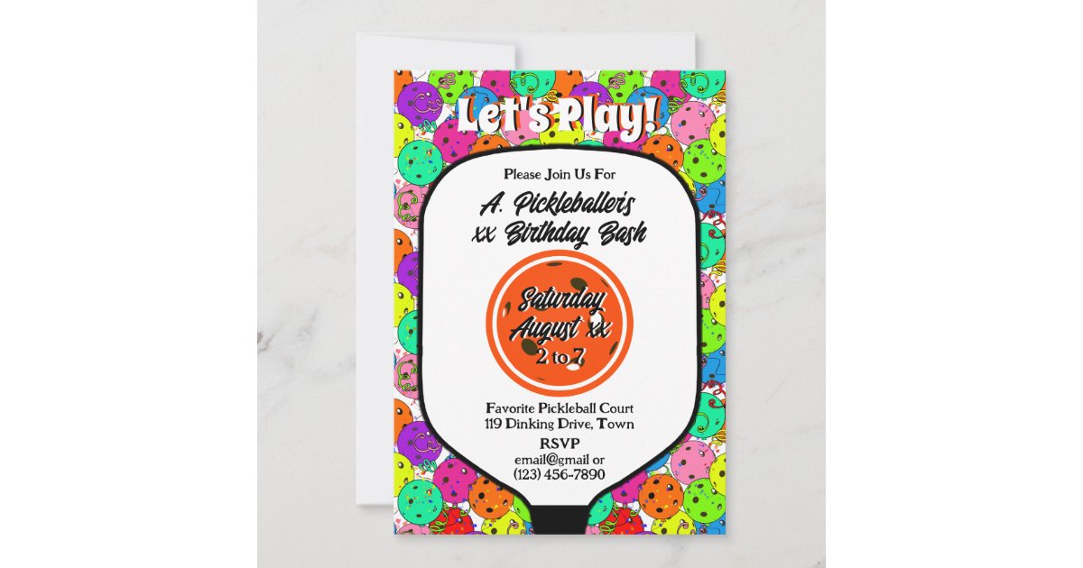 Pickleball Party Balloons Confetti Orange Photo Invitation | Zazzle