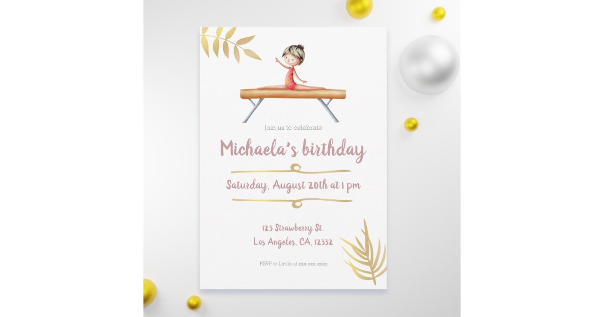 Pink and Gold Gymnastics Girl on Beam Birthday Invitation | Zazzle