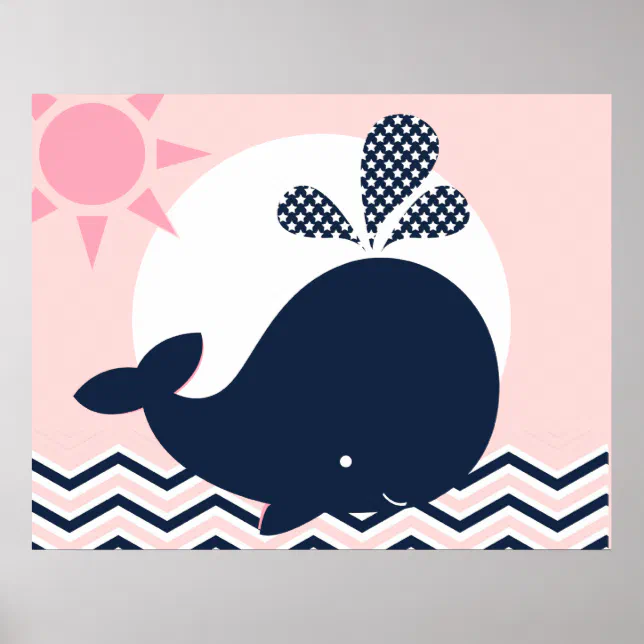 Pink and Navy Whale Nursery Poster | Zazzle