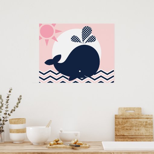 Pink and Navy Whale Nursery Poster | Zazzle