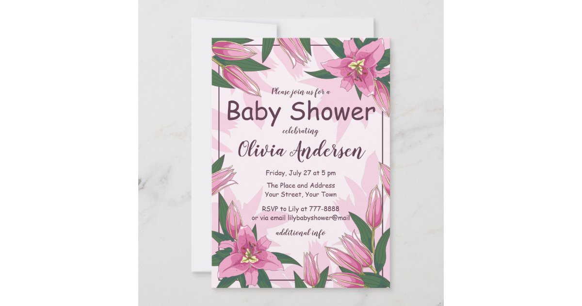 Pink Blooming Lilies Baby Shower Invitation | Zazzle