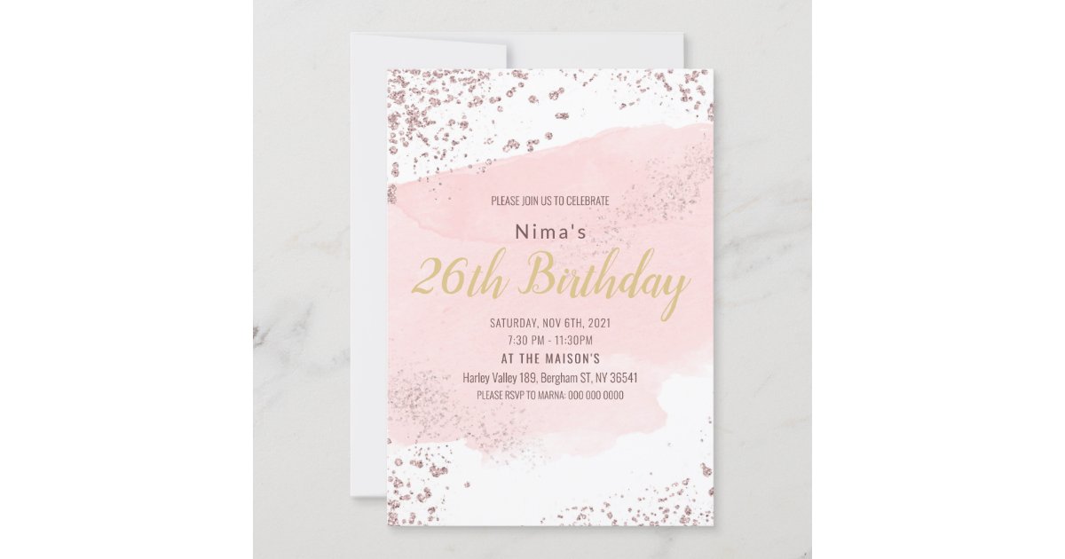 Pink blush watercolor stroke with glitter invitation | Zazzle