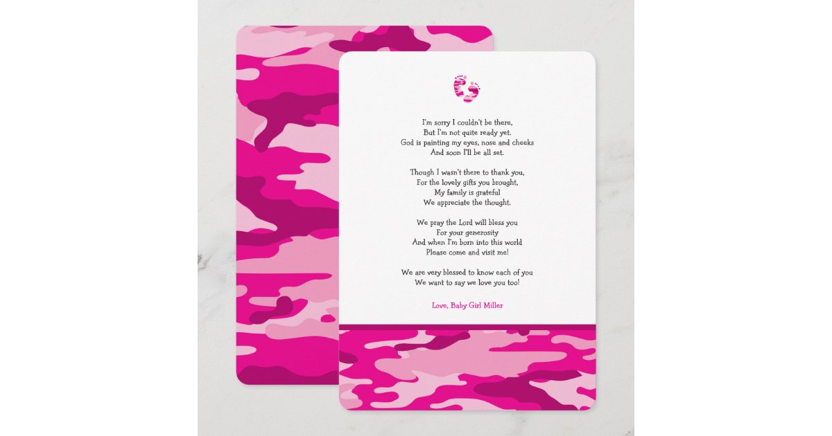 Pink Camo girl poem baby shower thank you note Invitation | Zazzle