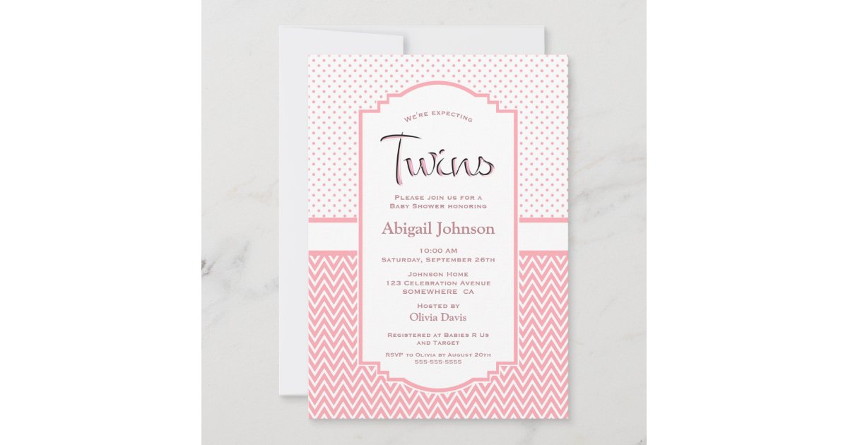 Pink Chevron Stripes Polka Dots Twins Baby Shower Invitation | Zazzle
