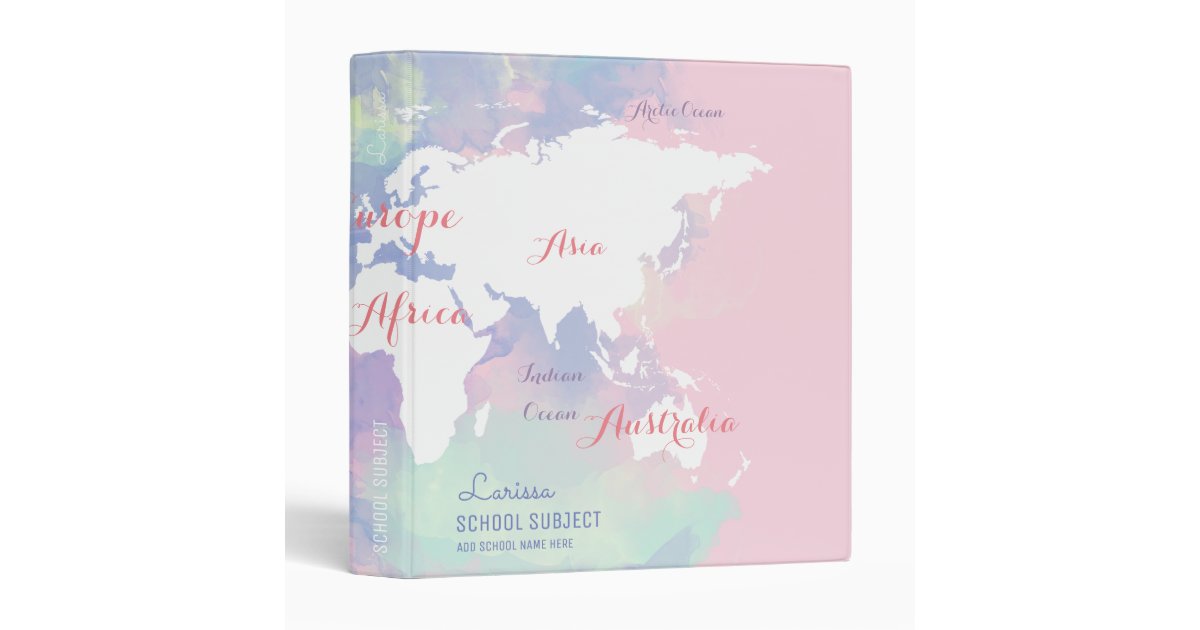 pink girly world map for geography lessons binder | Zazzle