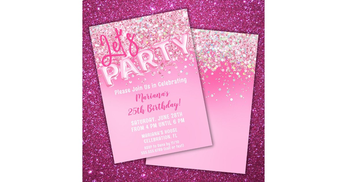 Pink Glitter Birthday Party Invitation | Zazzle