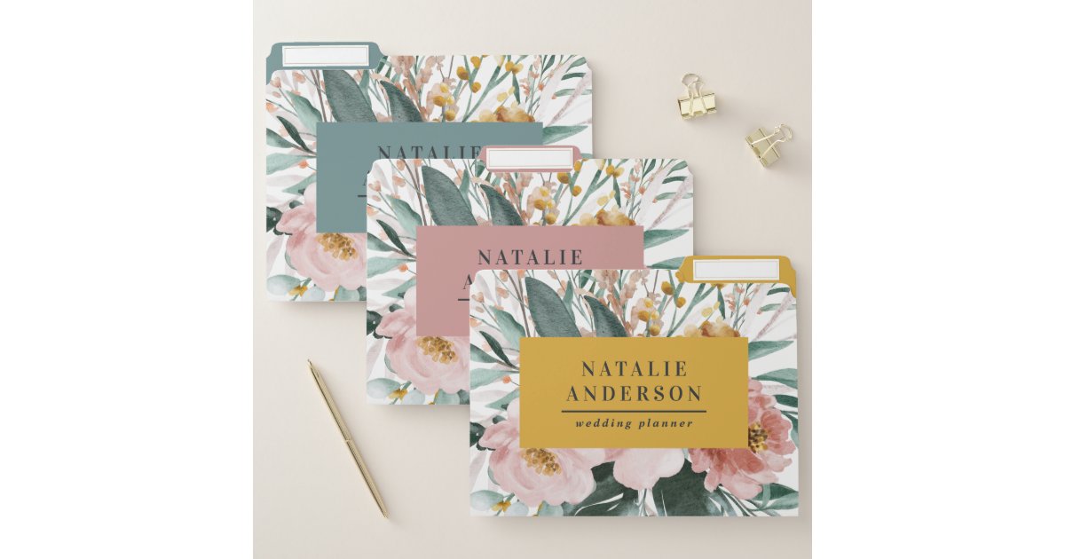 Pink, green yellow watercolor floral stylish chic file folder | Zazzle