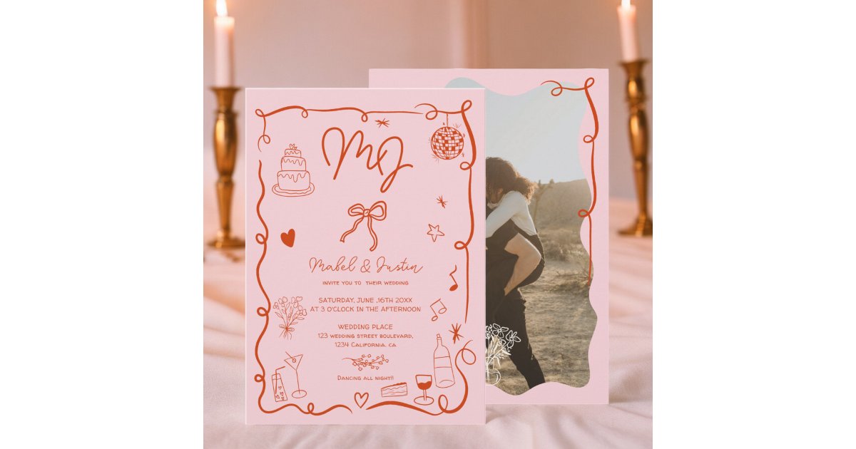 Pink initials handdrawn illustrated photo wedding invitation | Zazzle