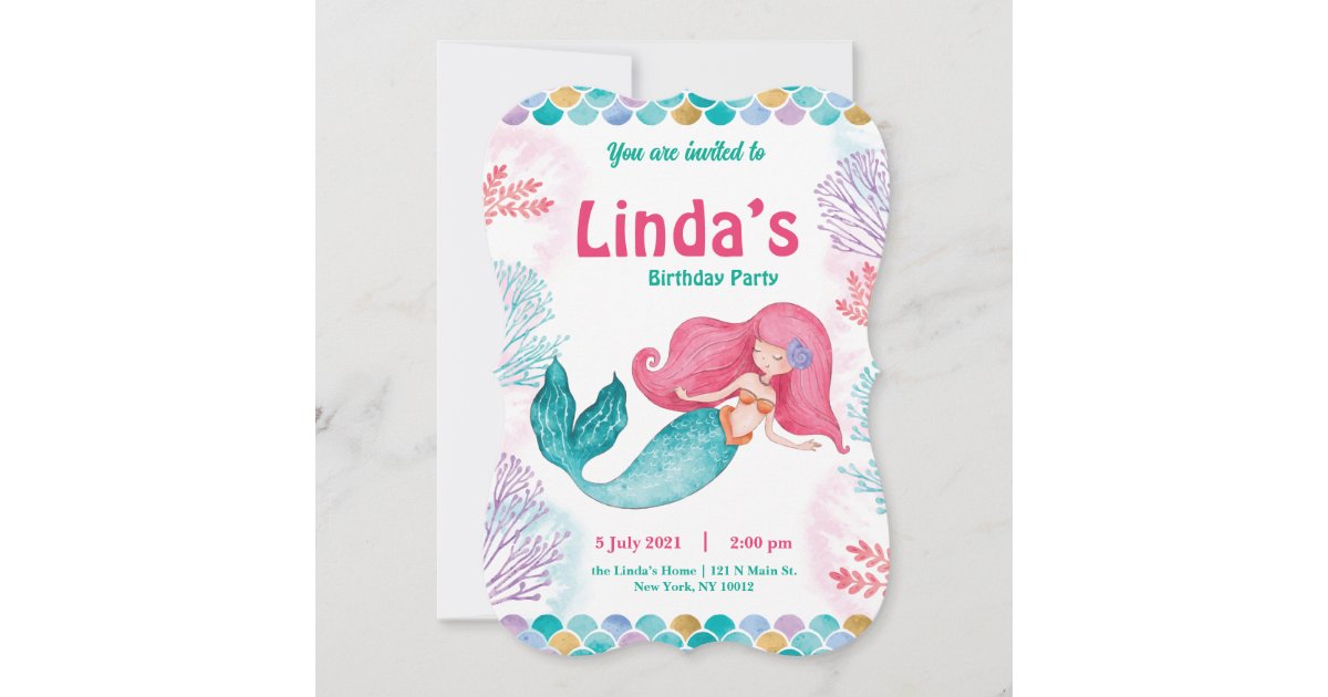 pink mermaid Party Birthday Invitation | Zazzle