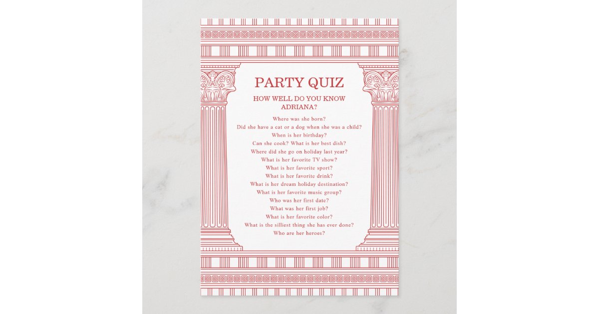 Pink Party Quiz Goddess Party with temple columns Invitation | Zazzle
