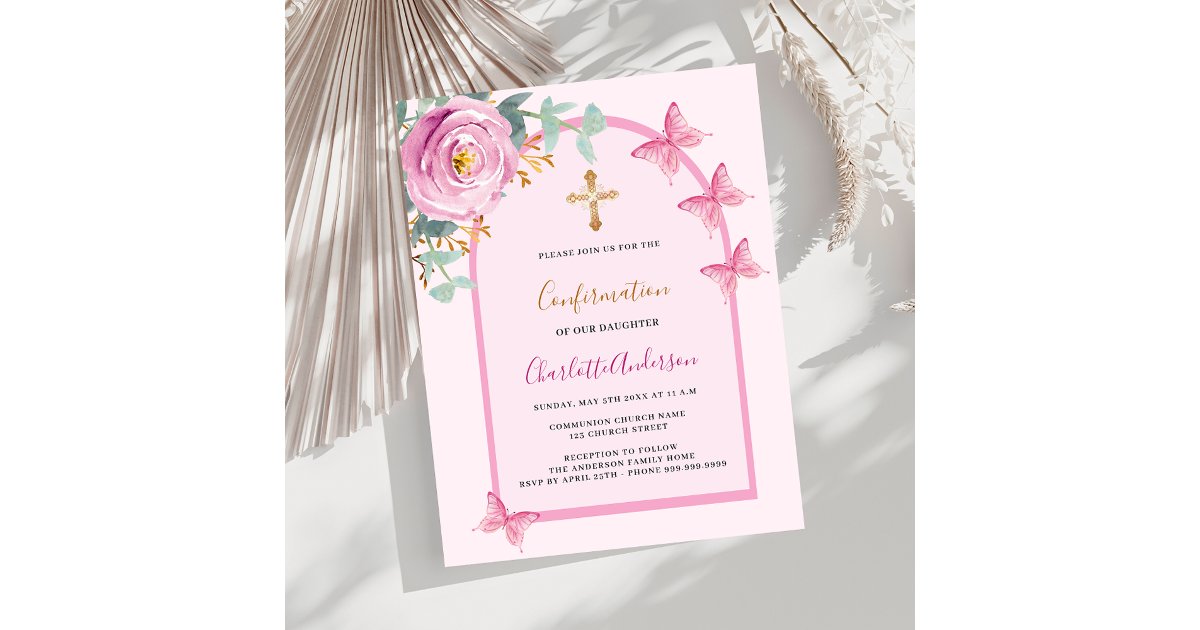 Pink rose butterflies arch Confirmation invitation | Zazzle
