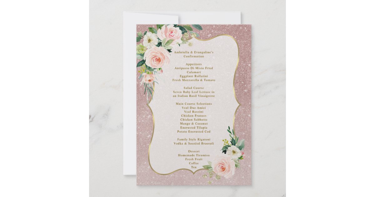 Pink White Flowers Gold Girl Confirmation Menu Invitation | Zazzle
