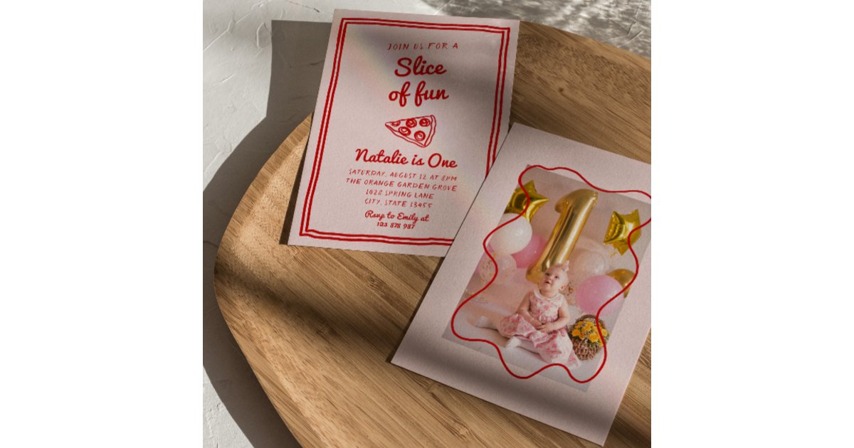 Pizza 1st Hand Drawn Slice Of Fun Photo Birthday Invitation | Zazzle