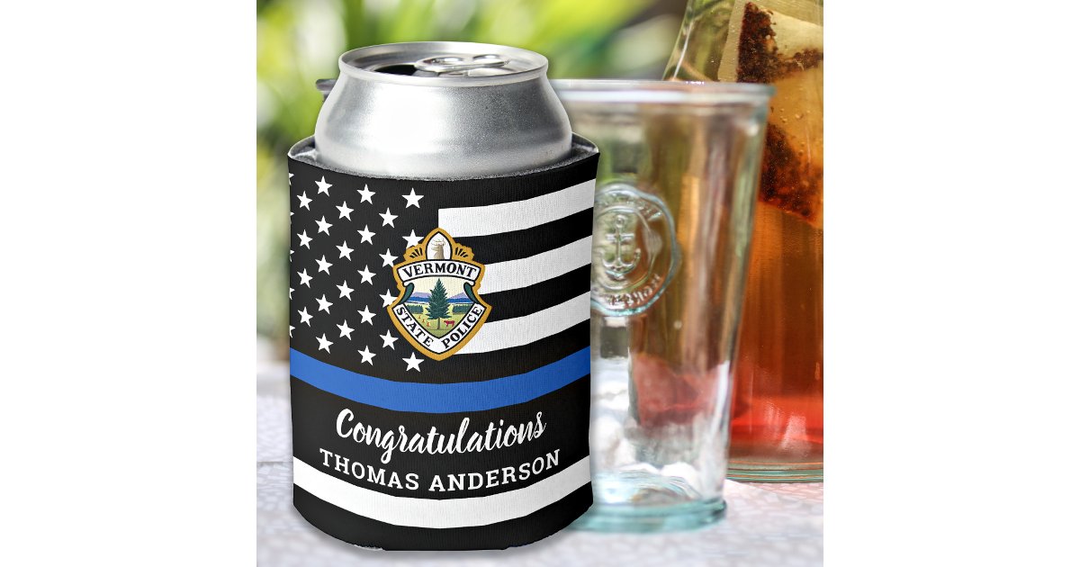 Police Officer Retirement Thin Blue Line Logo Can Cooler | Zazzle
