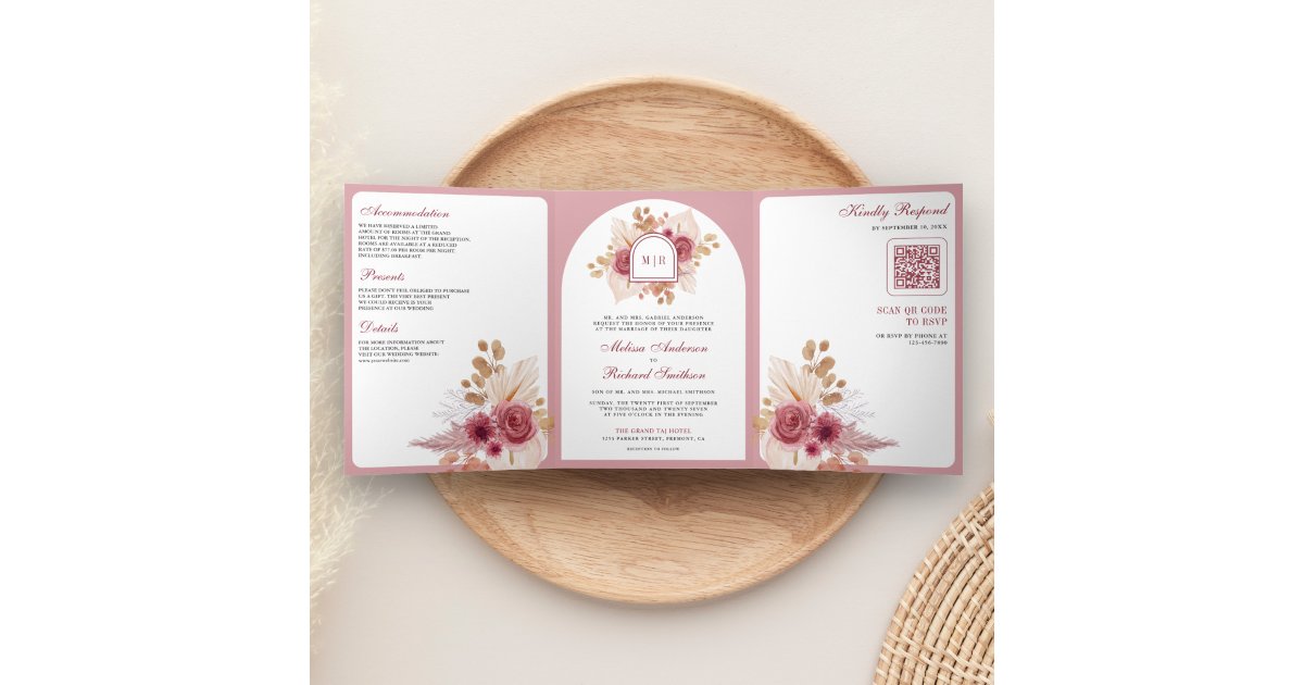 Pomegranate Pink Floral Pampas QR Code Wedding Tri-Fold Invitation | Zazzle