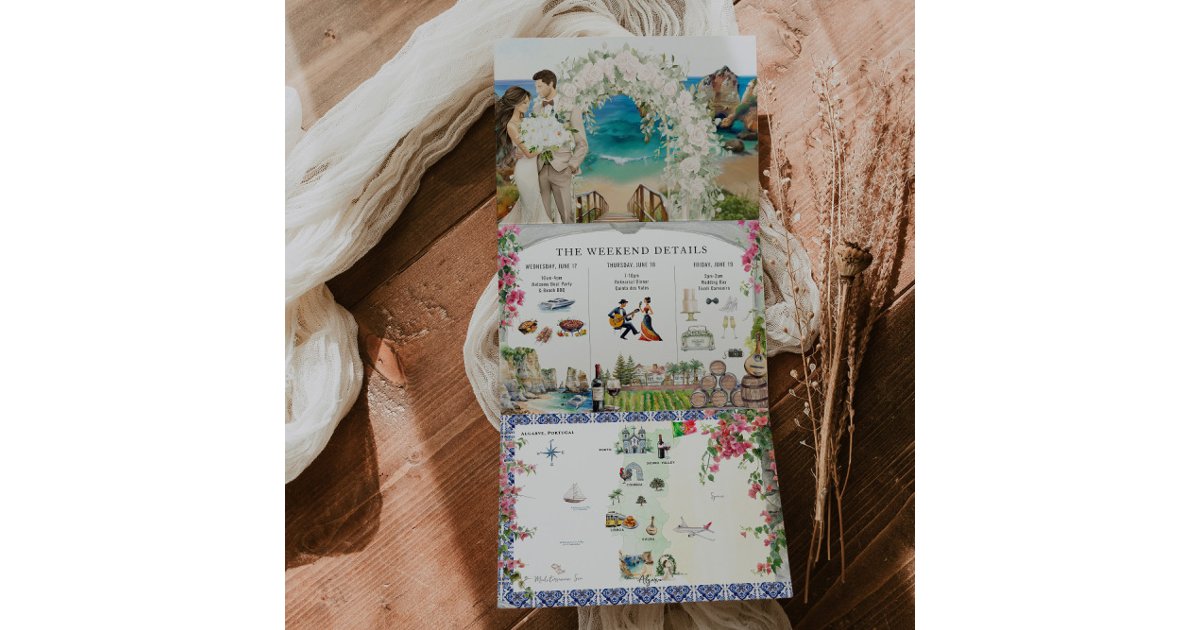 Portugal | Mediterranean Itinerary Map Tri-Fold Invitation | Zazzle