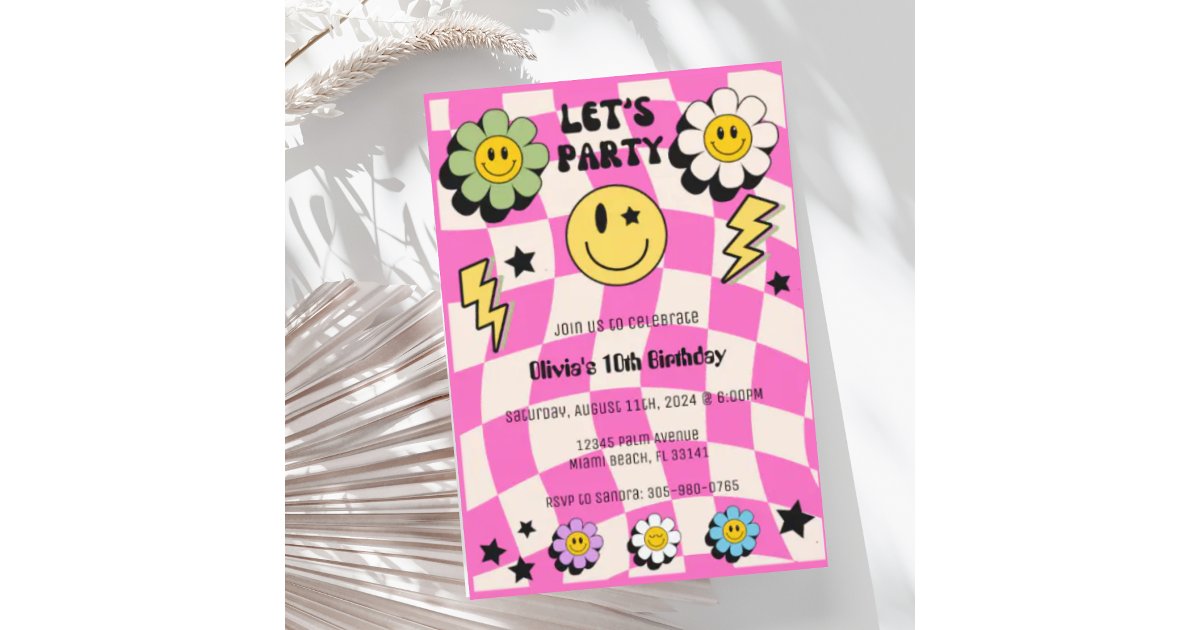 Preppy Hot Pink Retro Happy Face Party Birthday Invitation | Zazzle