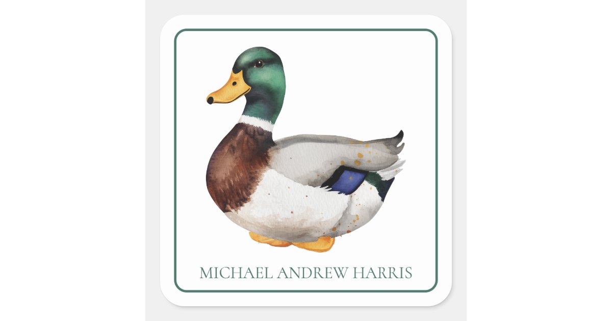 Preppy Mallard Duck Personalized Square Sticker | Zazzle