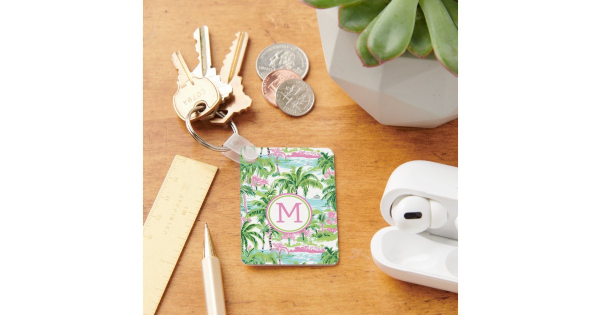 Preppy Pink and Green Tropical palm Trees Monogram Keychain | Zazzle