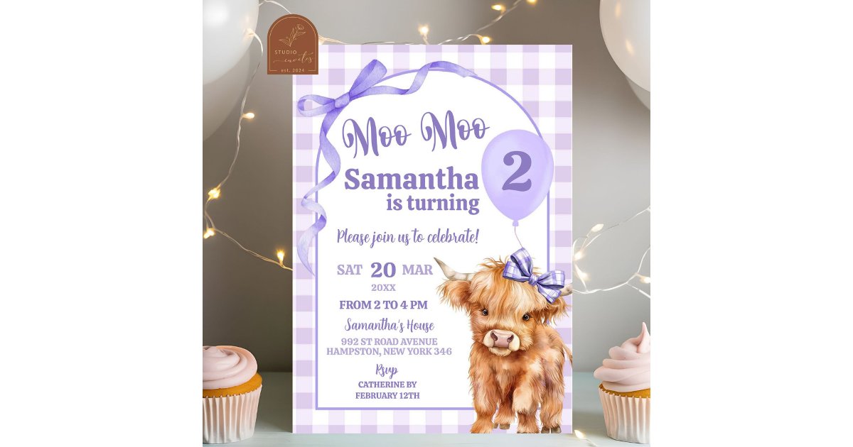 Preppy Purple Moo Moo Holy Cow 2nd Birthday Invitation | Zazzle