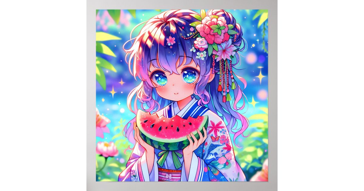 Pretty Anime Girl Eating Watermelon Poster | Zazzle