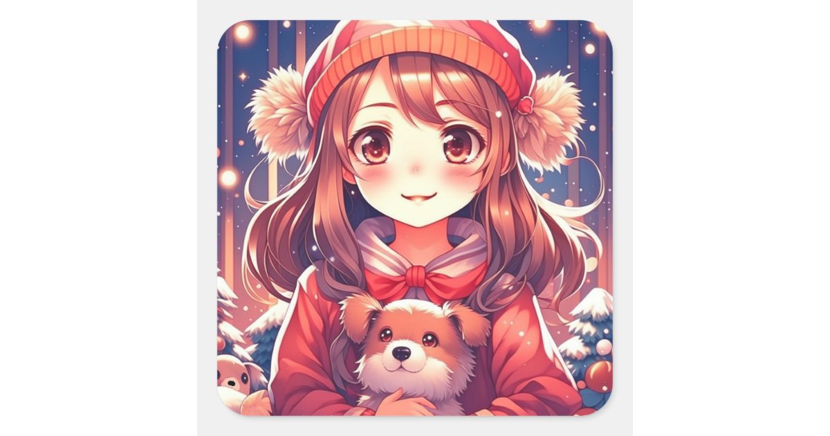 Pretty Anime Girl with Puppy and Ear Muffs Square Sticker | Zazzle