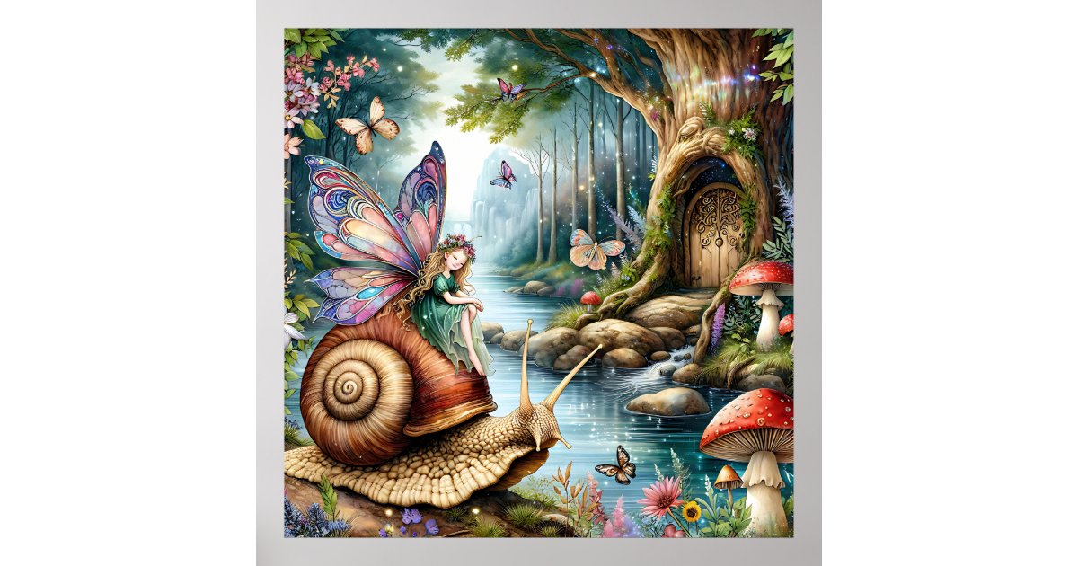 Pretty Fairy Land with cute Snail and Butterflies Poster | Zazzle