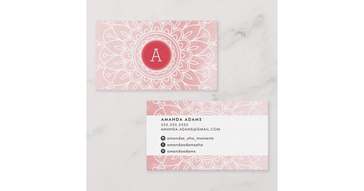 PRETTY MONOGRAM modern boho mandala pattern pink Business Card | Zazzle