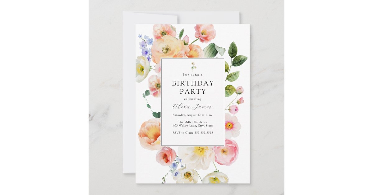 Pretty Pastel Floral Birthday Invitation | Zazzle