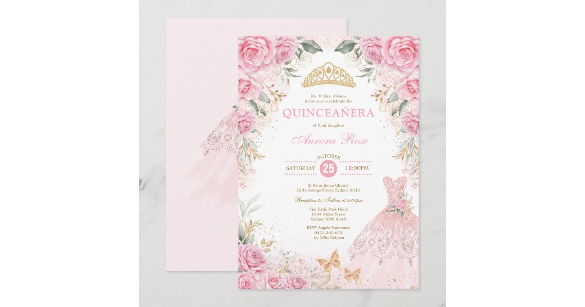 Pretty Pink Gold Roses Princess Dress Quinceañera Invitation | Zazzle