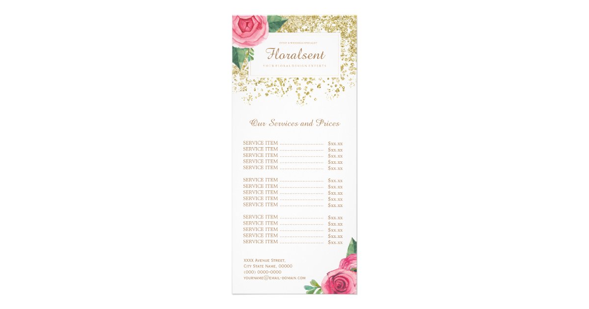 Pretty Pink Watercolour Roses Price List Rack Card | Zazzle