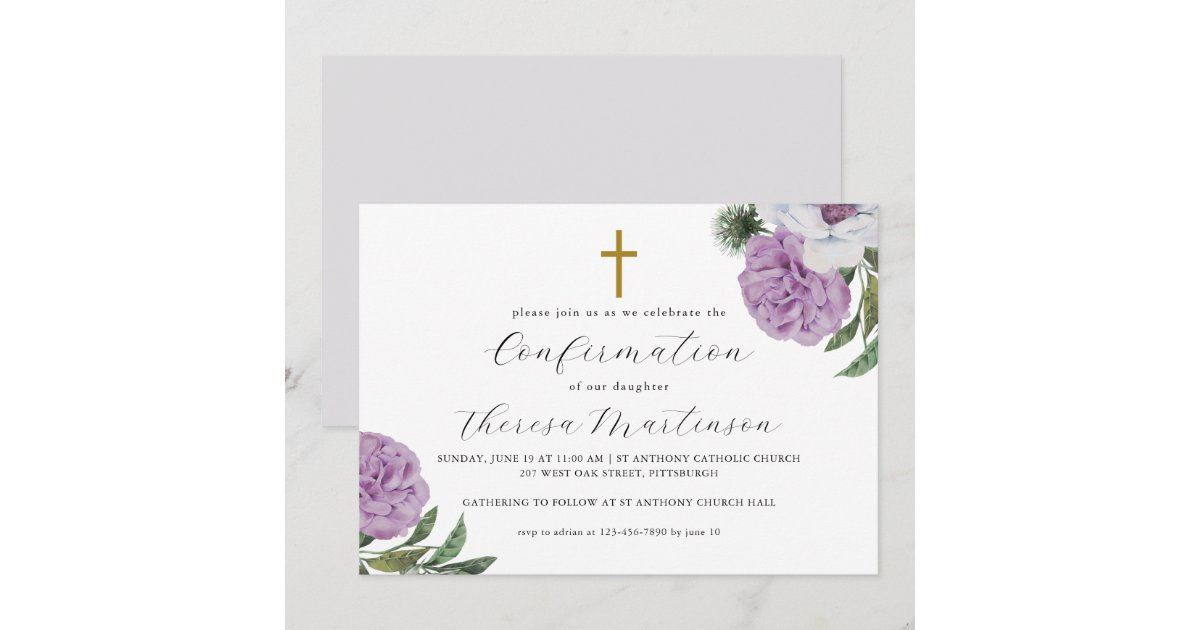 Pretty Purple Floral and Cross Confirmation Invitation | Zazzle
