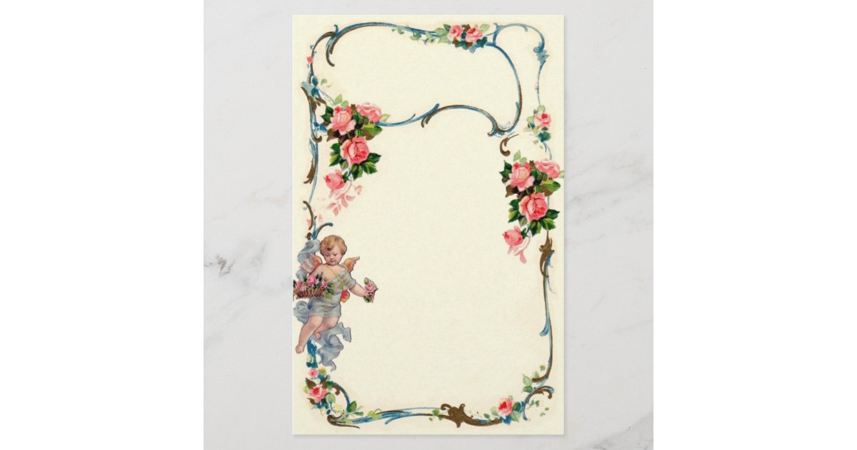 Pretty Vintage Rose & Cherub Border Decoration Stationery | Zazzle
