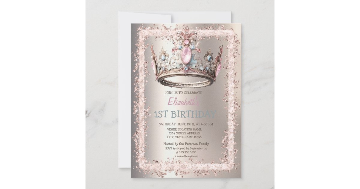 Princess Crown Glitter Frame Ivory Birthday Invitation | Zazzle