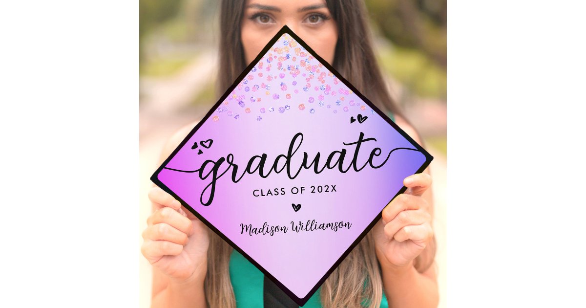 Purple Glitter Jewels Chic Modern Script Hearts Graduation Cap Topper ...