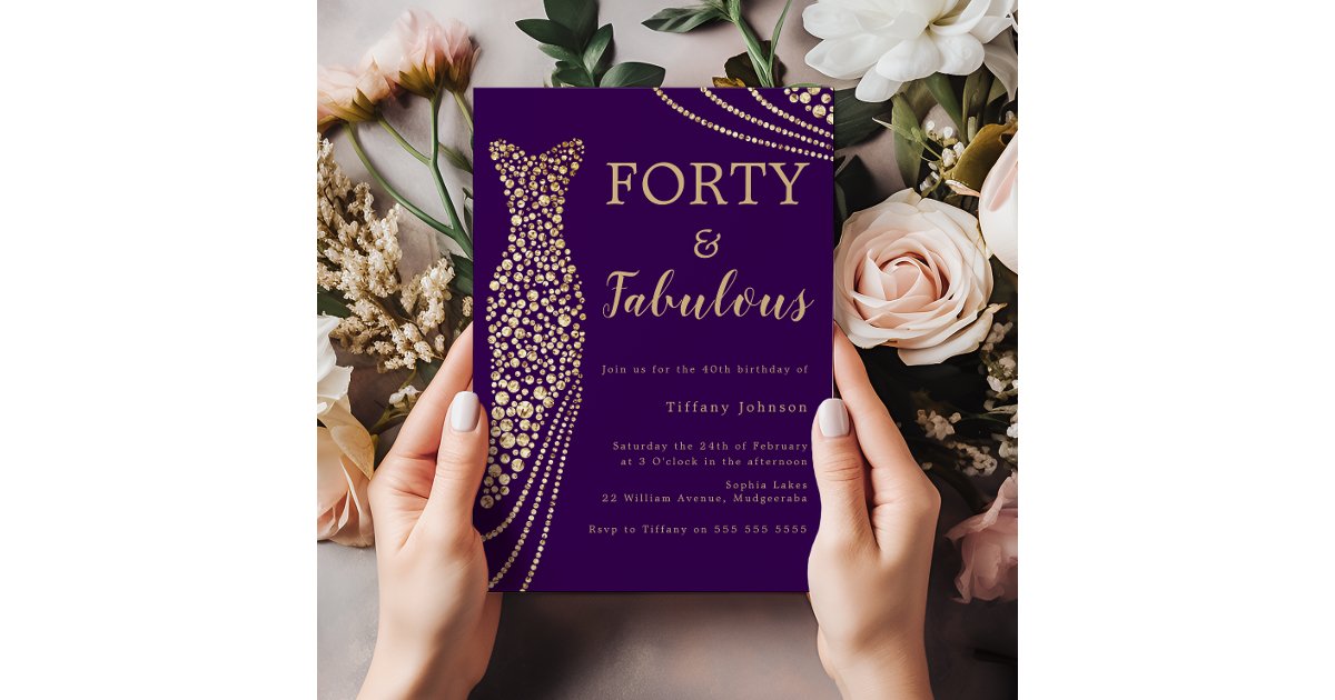 Purple & Gold Forty & Fab 40th Birthday Invitation | Zazzle