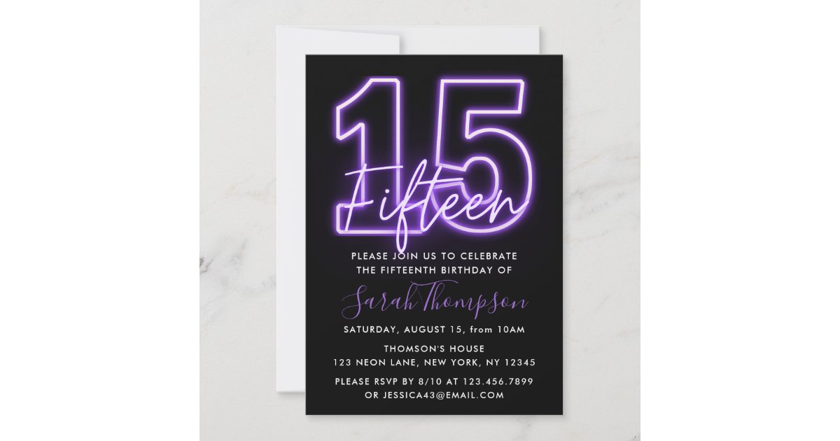 Purple Neon 15th Birthday Invitation | Zazzle
