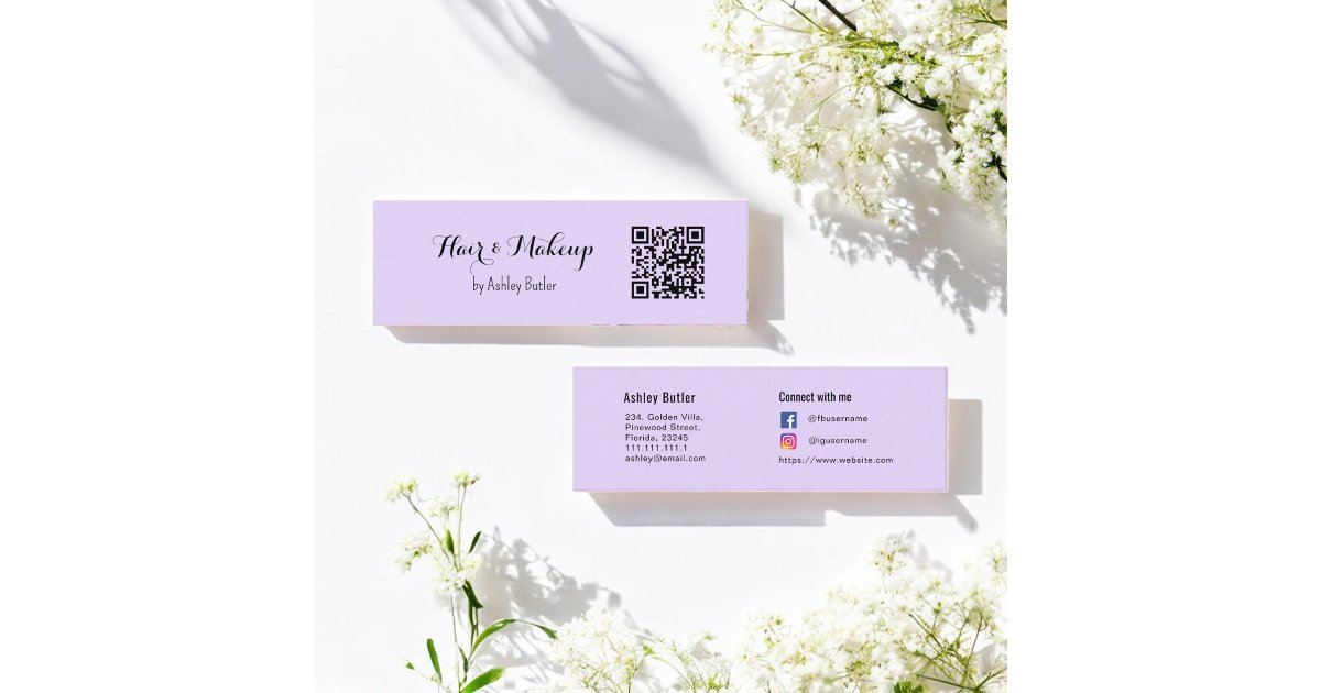 Purple QR Code Beauty Makeup Artist Mini Business Card | Zazzle