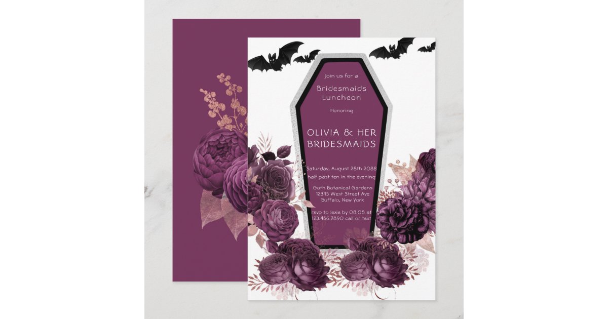 Purple Silver Peony Coffin Bridesmaids Luncheon Invitation | Zazzle