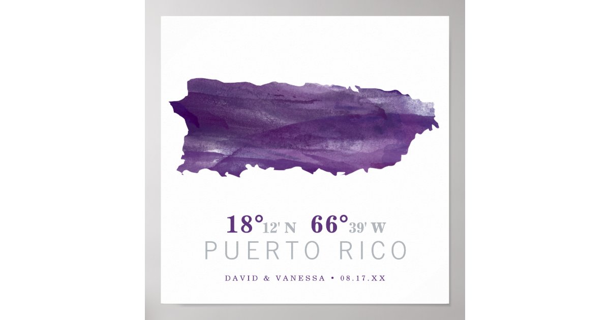 Purple Watercolor Puerto Rico Map Coordinates Poster | Zazzle