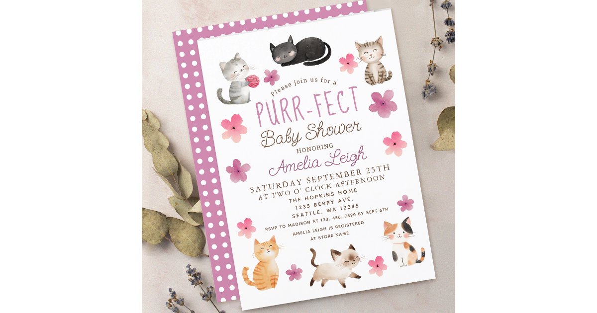 Purr-fect Cute Cats Floral Girl Baby Shower Invitation | Zazzle