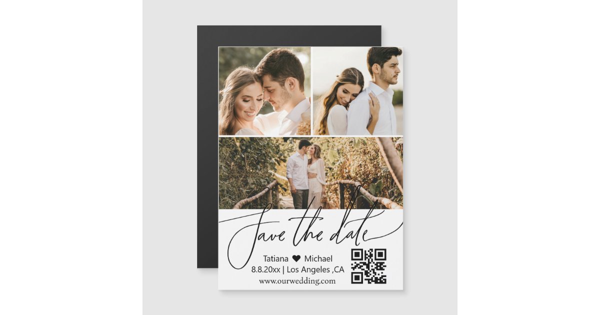 qr code 3 photos collage save the date magnet | Zazzle