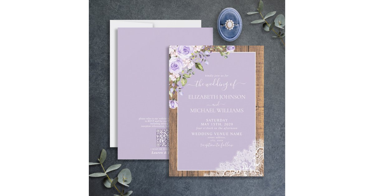 QR Code Lilac Lavender Rustic Wood Lace Wedding Invitation | Zazzle
