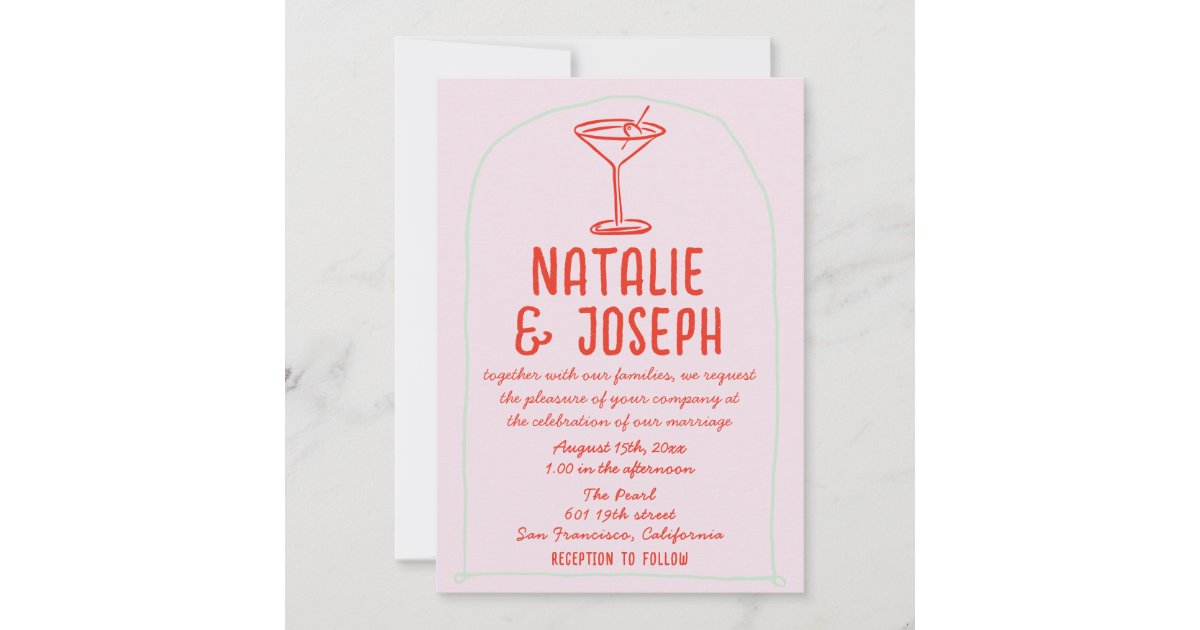 QR Code Retro Colourful Hand Drawn Martini Wedding Invitation | Zazzle