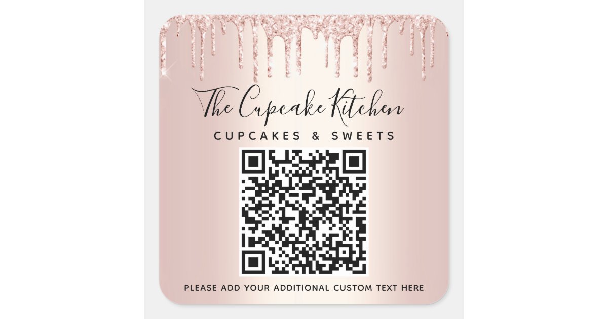 QR Code Rose Gold Glitter Drips Business Name Square Sticker | Zazzle