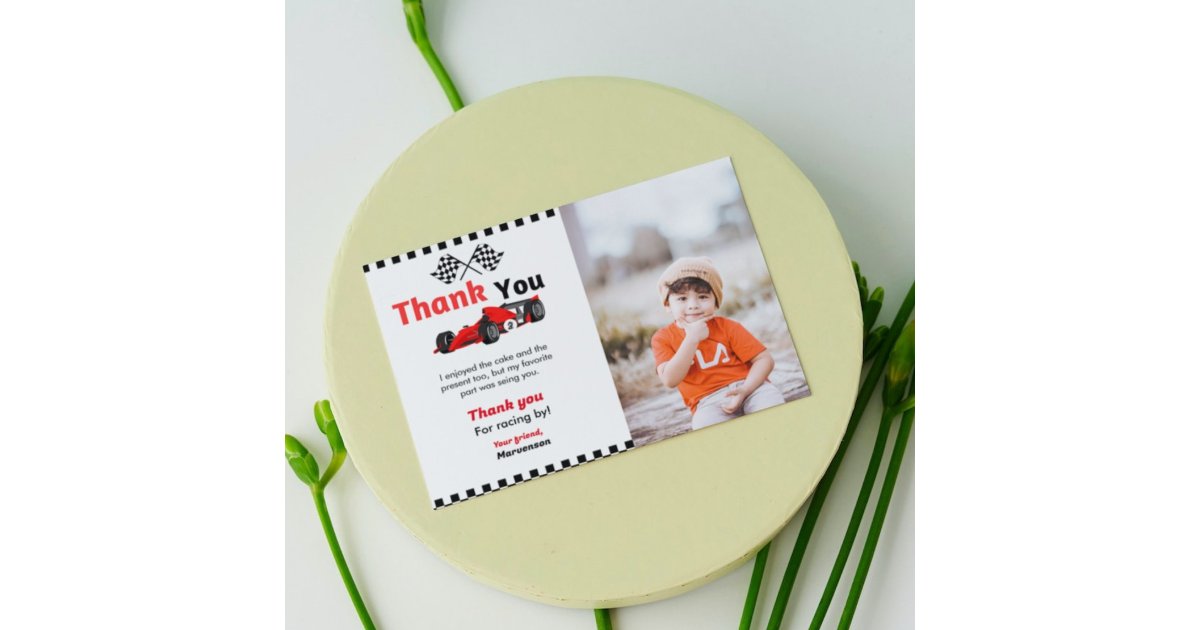 Race car two fast birthday party thank you card | Zazzle